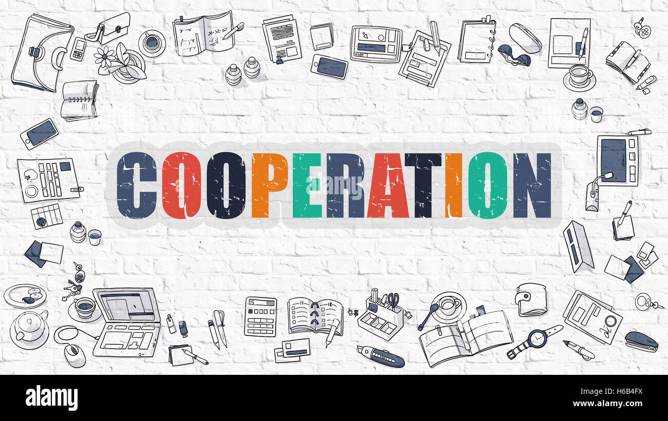 Cooperation Concept with Doodle Design Icons Stock Photo - Alamy