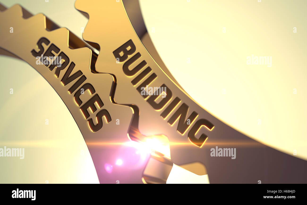 Building Services Concept. Golden Cog Gears. 3D Stock Photo - Alamy