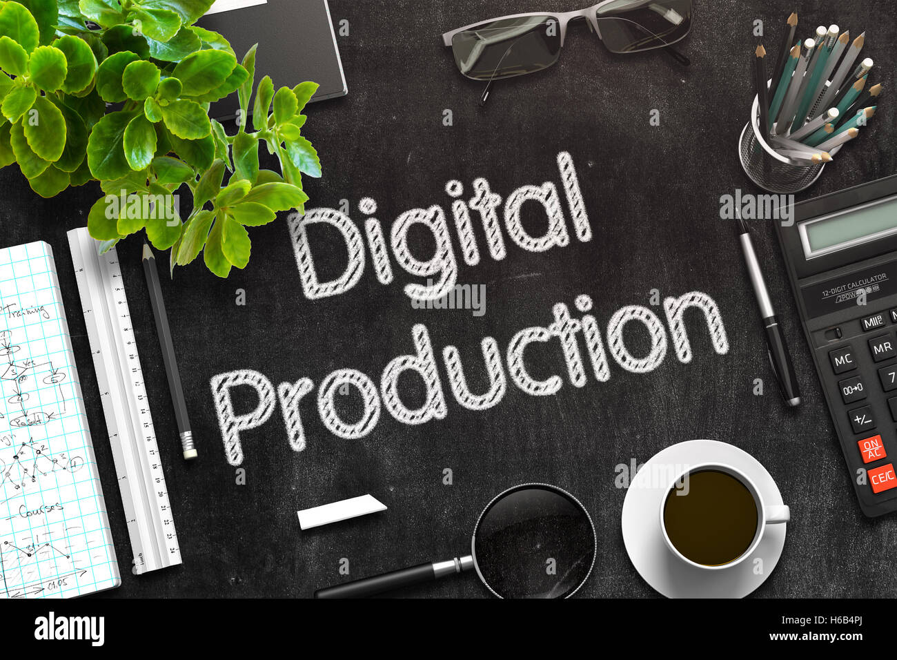 Black Chalkboard with Digital Production. 3D Rendering Stock Photo - Alamy