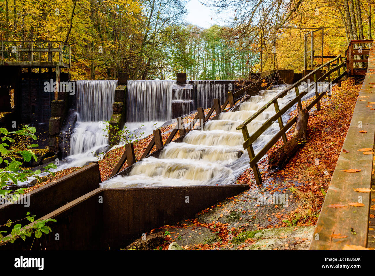 Fish ladder with rapids in fall woodland landscape. Overflow of water ...