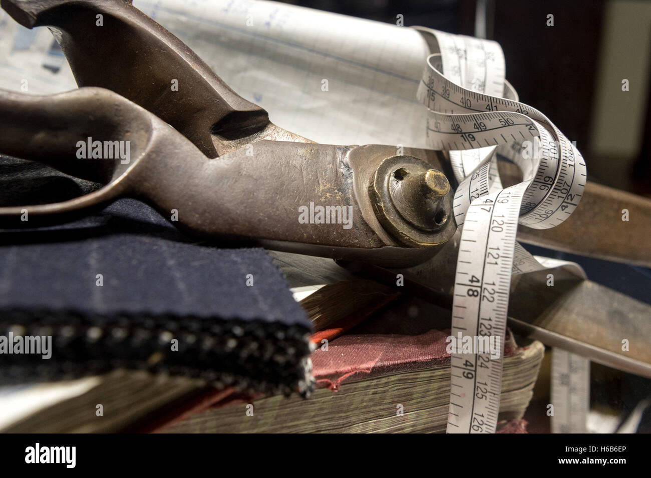 Collection of Tailors Scissors, Suit Cloth, Tape Measure and Books ...