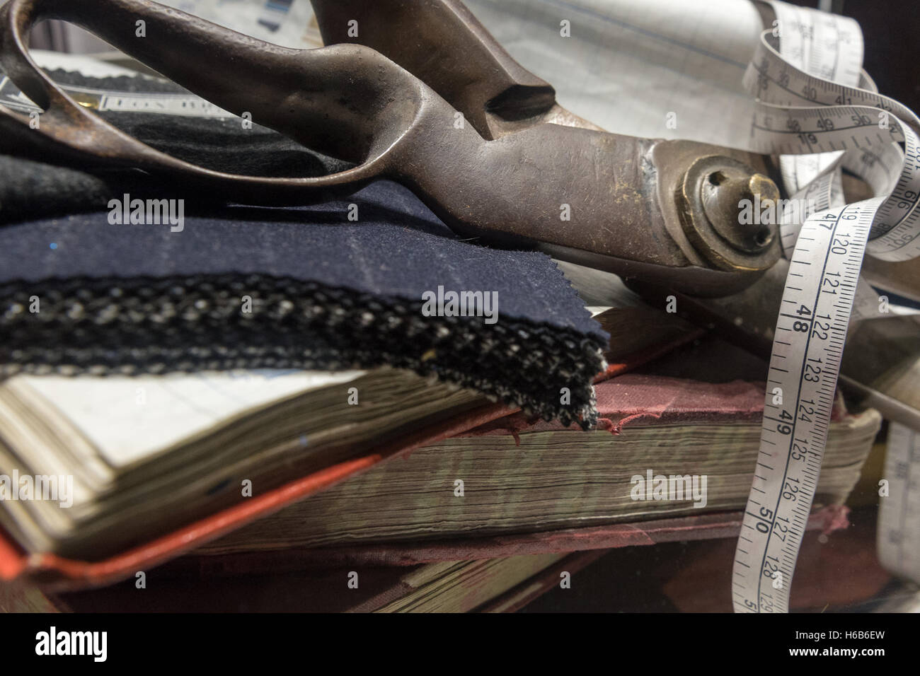 Collection of Tailors Scissors, Suit Cloth, Tape Measure and Books ...