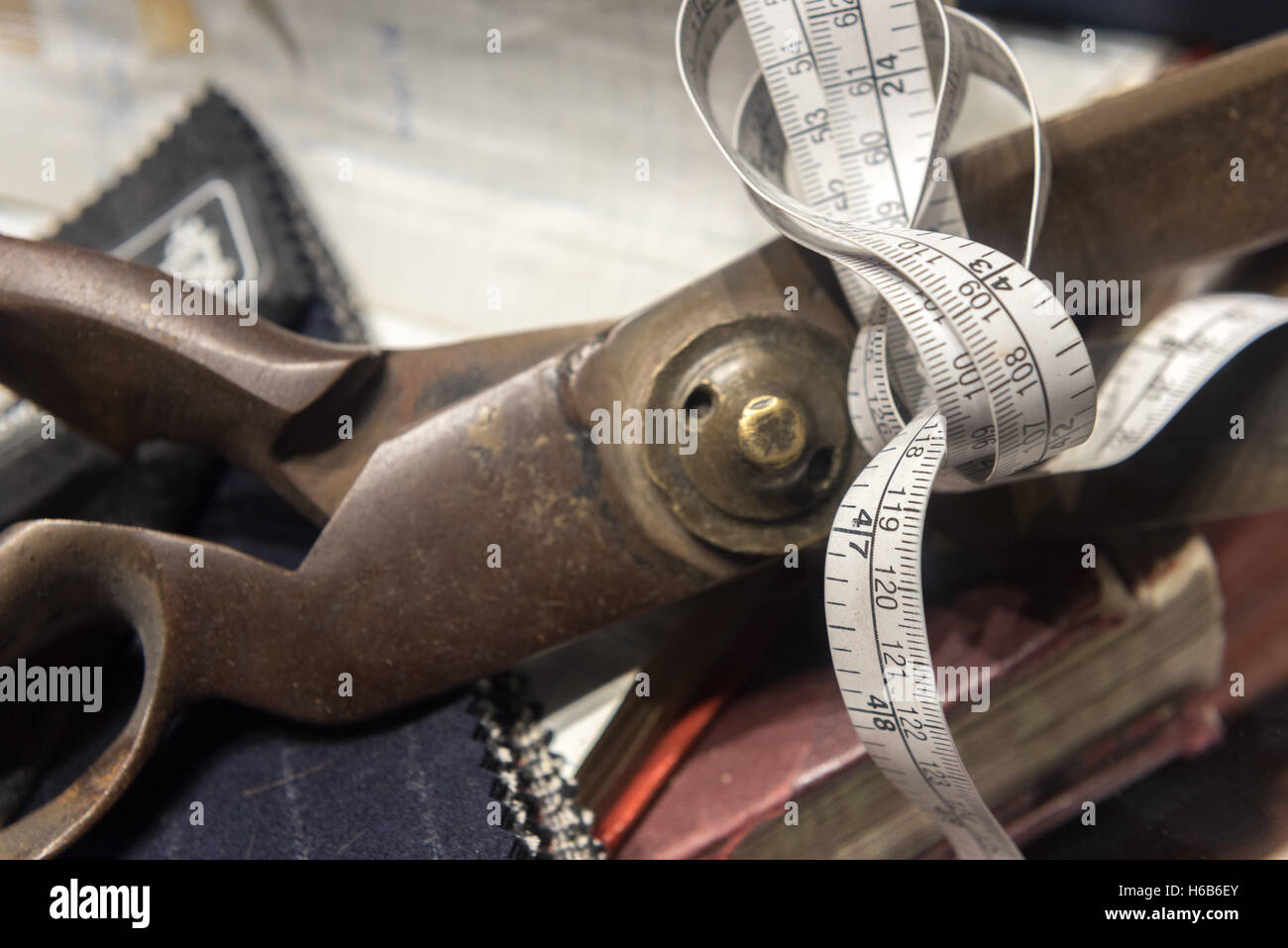 Collection of Tailors Scissors, Suit Cloth, Tape Measure and Books ...
