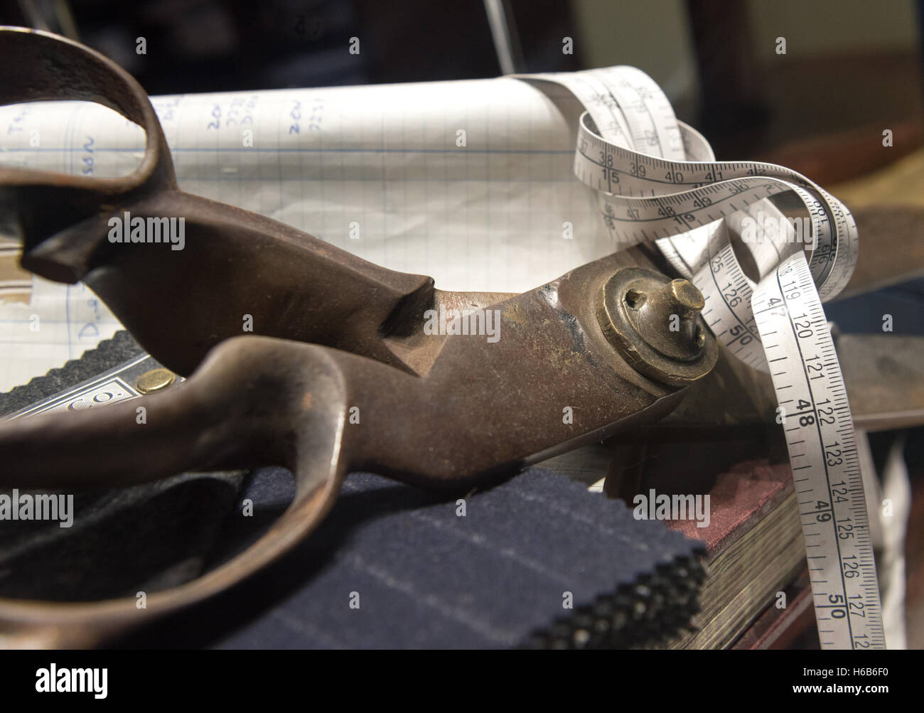 Collection of Tailors Scissors, Suit Cloth, Tape Measure and Books ...
