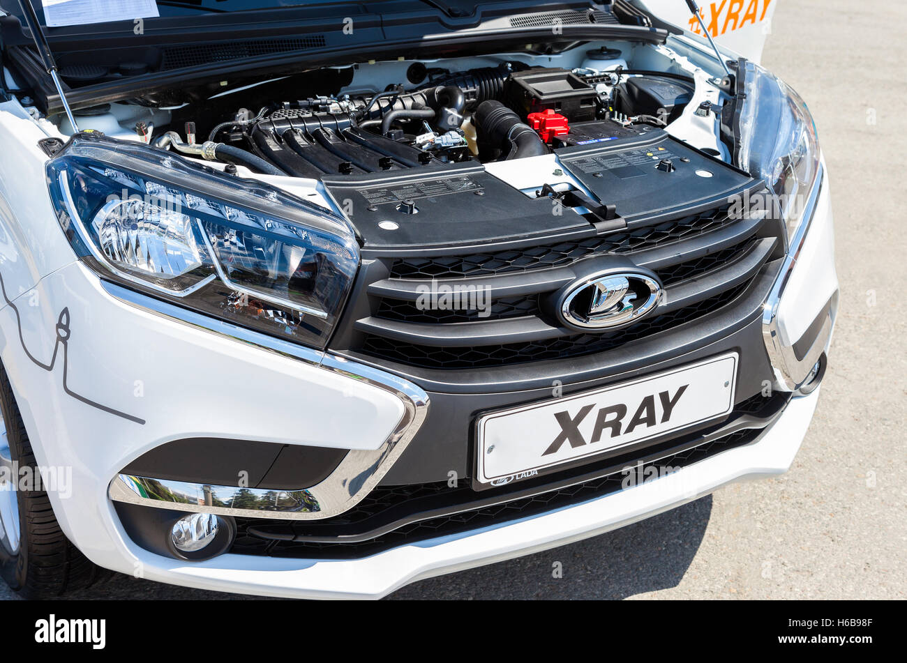 Car engine of LADA XRAY. Under hood space. Lada is a Russian automobile ...