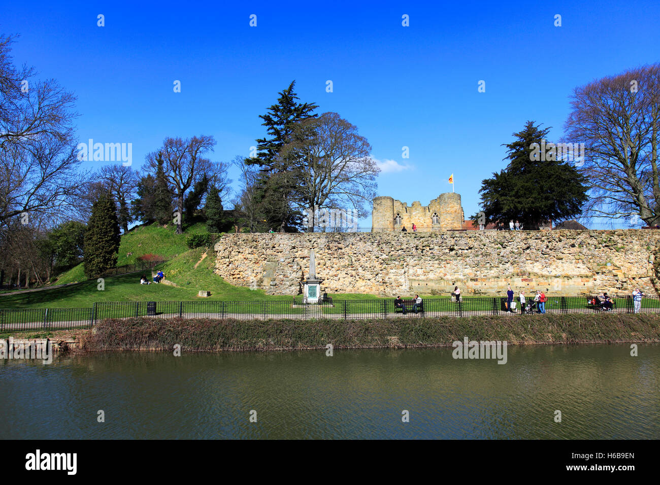City walls and the river Medway, Tonbridge Castle; Tonbridge town; Kent ...