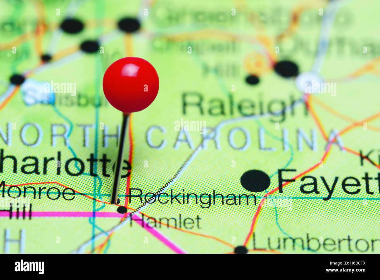 Rockingham pinned on a map of North Carolina, USA Stock Photo - Alamy