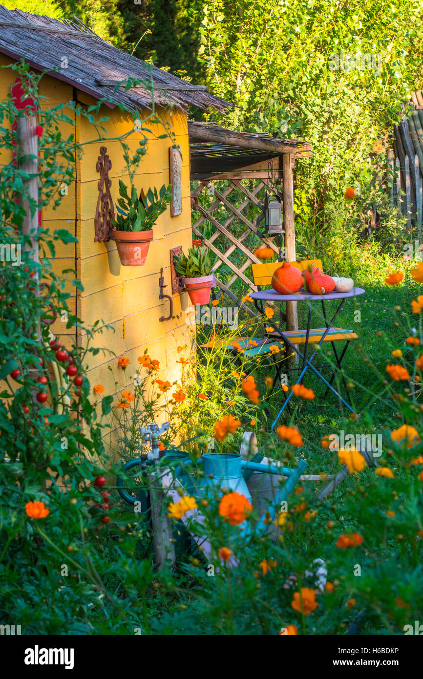 Garden shack with seating area in july, Provence, France Stock Photo ...