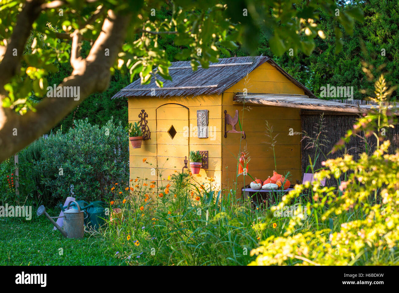 Garden shack with seating area in july, Provence, France Stock Photo ...