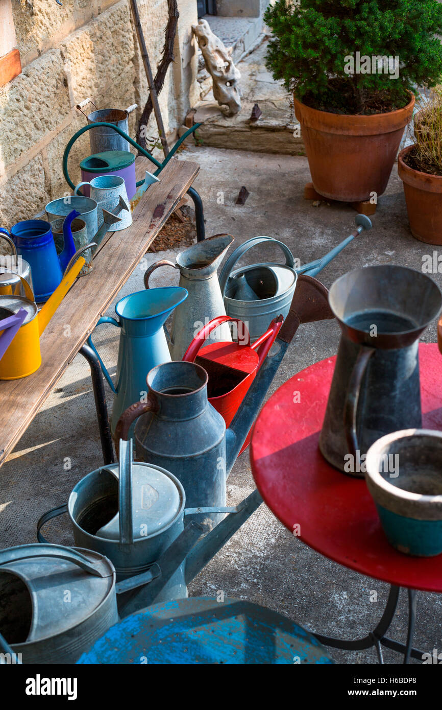 Collection of Watering cans, Provence, France Stock Photo - Alamy
