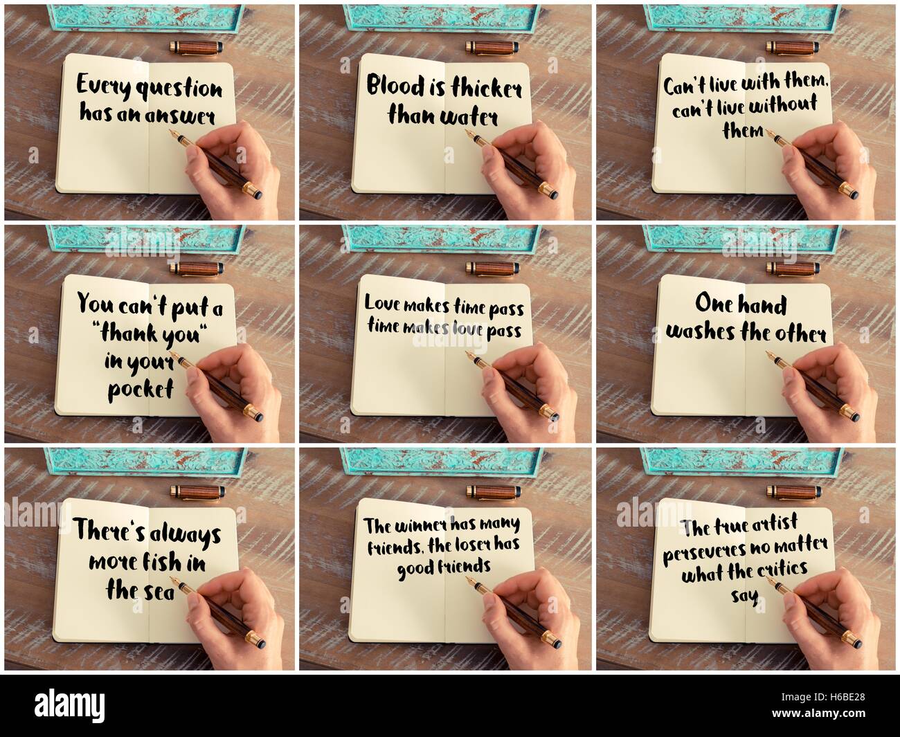 Photo collage of inspirational concept images, woman hand writing ...