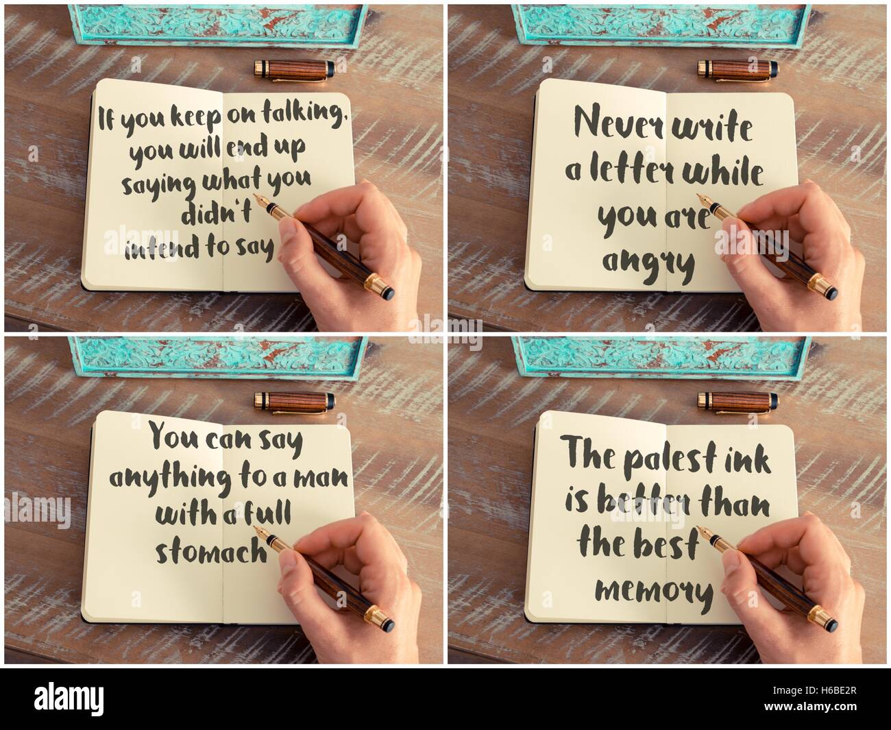 Photo collage of inspirational concept images, woman hand writing ...