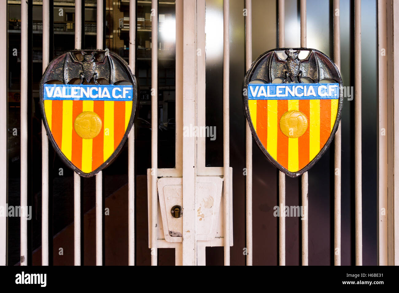 Two crests of Valencia football club at the entrance to the Mestalla ...