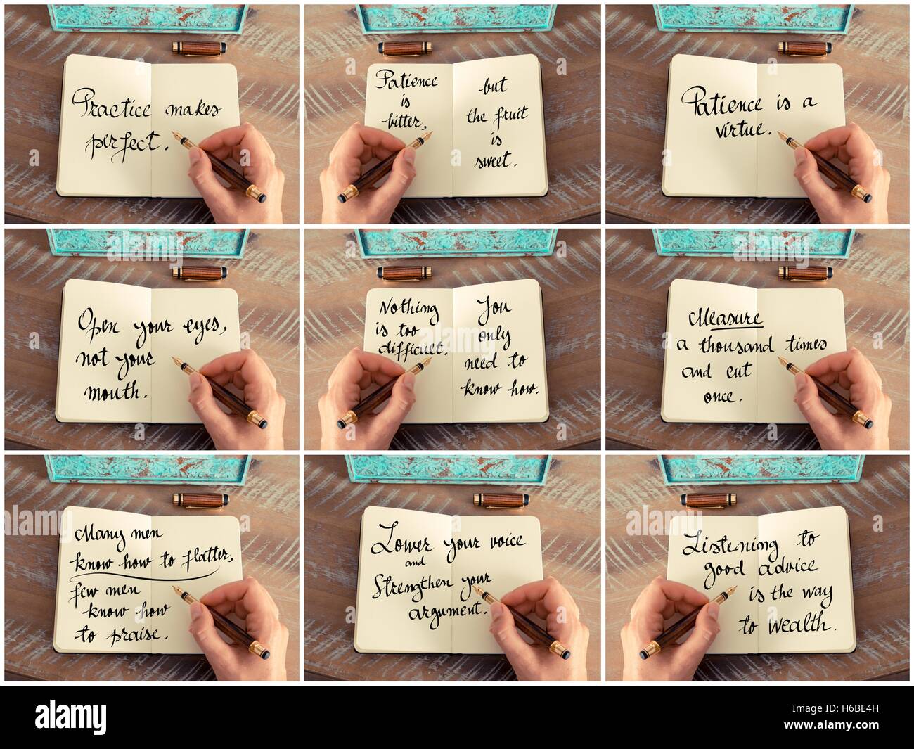Photo collage of inspirational concept images, woman hand writing ...