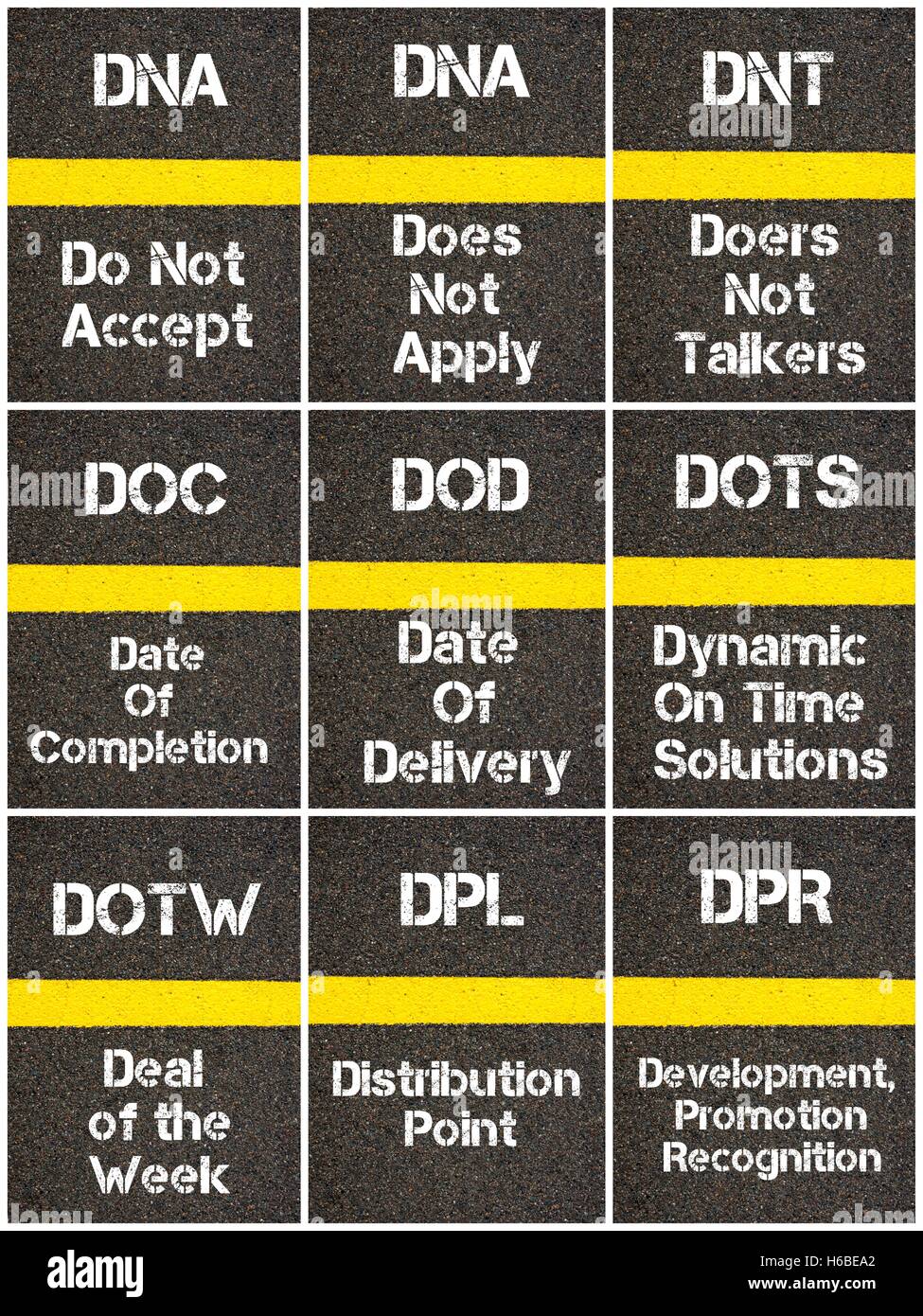Photo collage of Business Acronyms written over road marking yellow ...