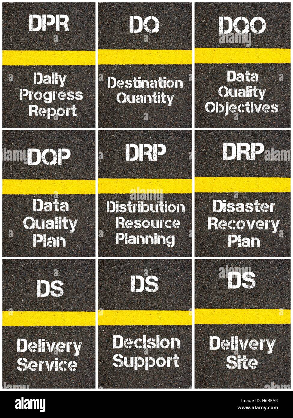 Photo collage of Business Acronyms written over road marking yellow ...