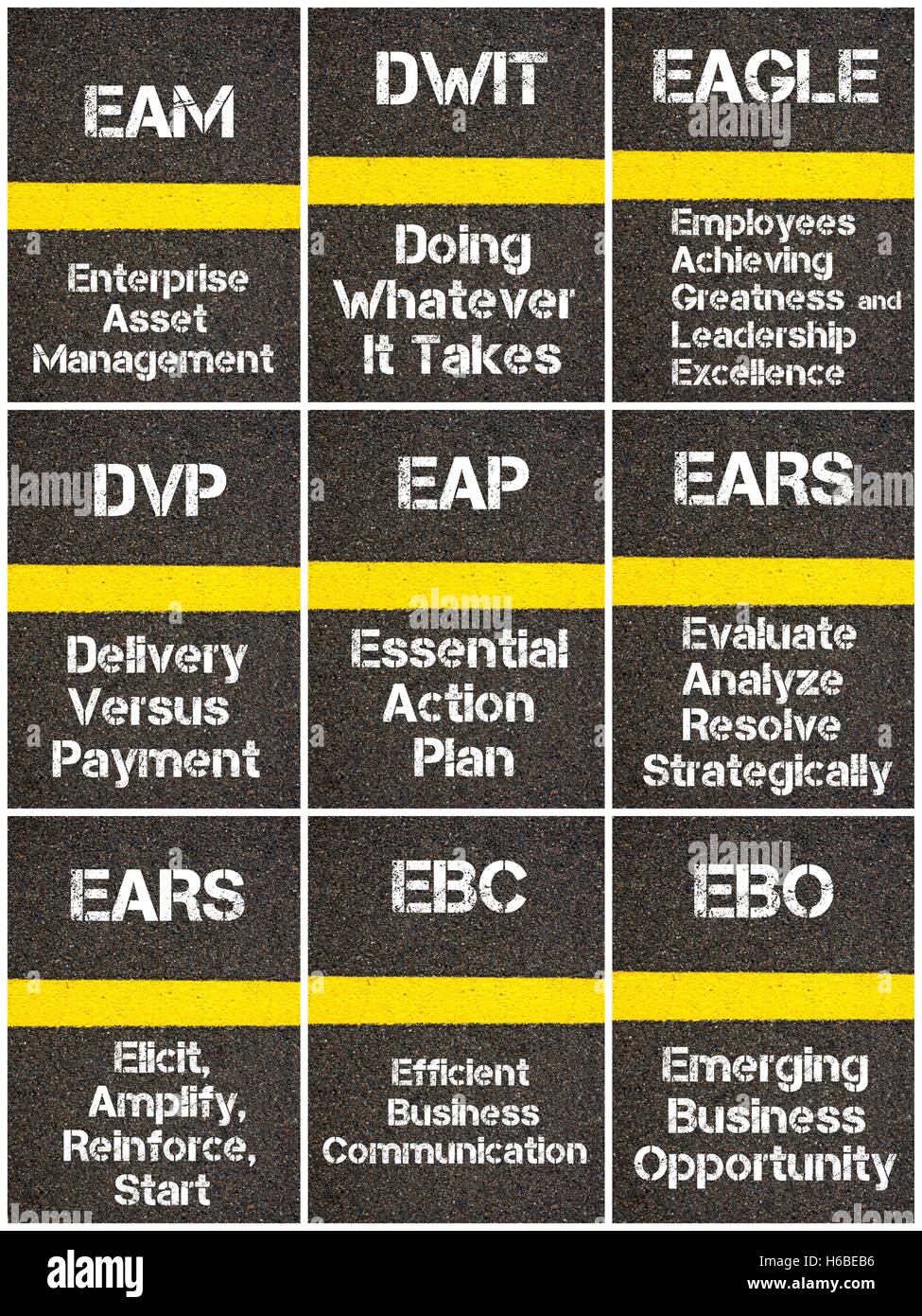 Photo collage of Business Acronyms written over road marking yellow ...