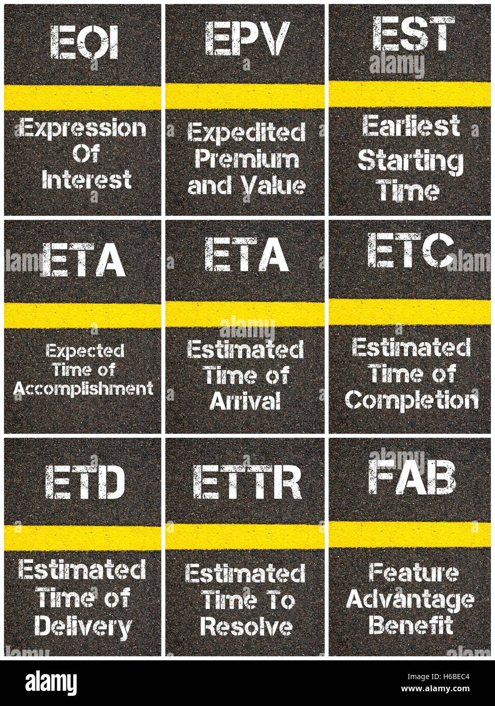 Photo collage of Business Acronyms written over road marking yellow ...