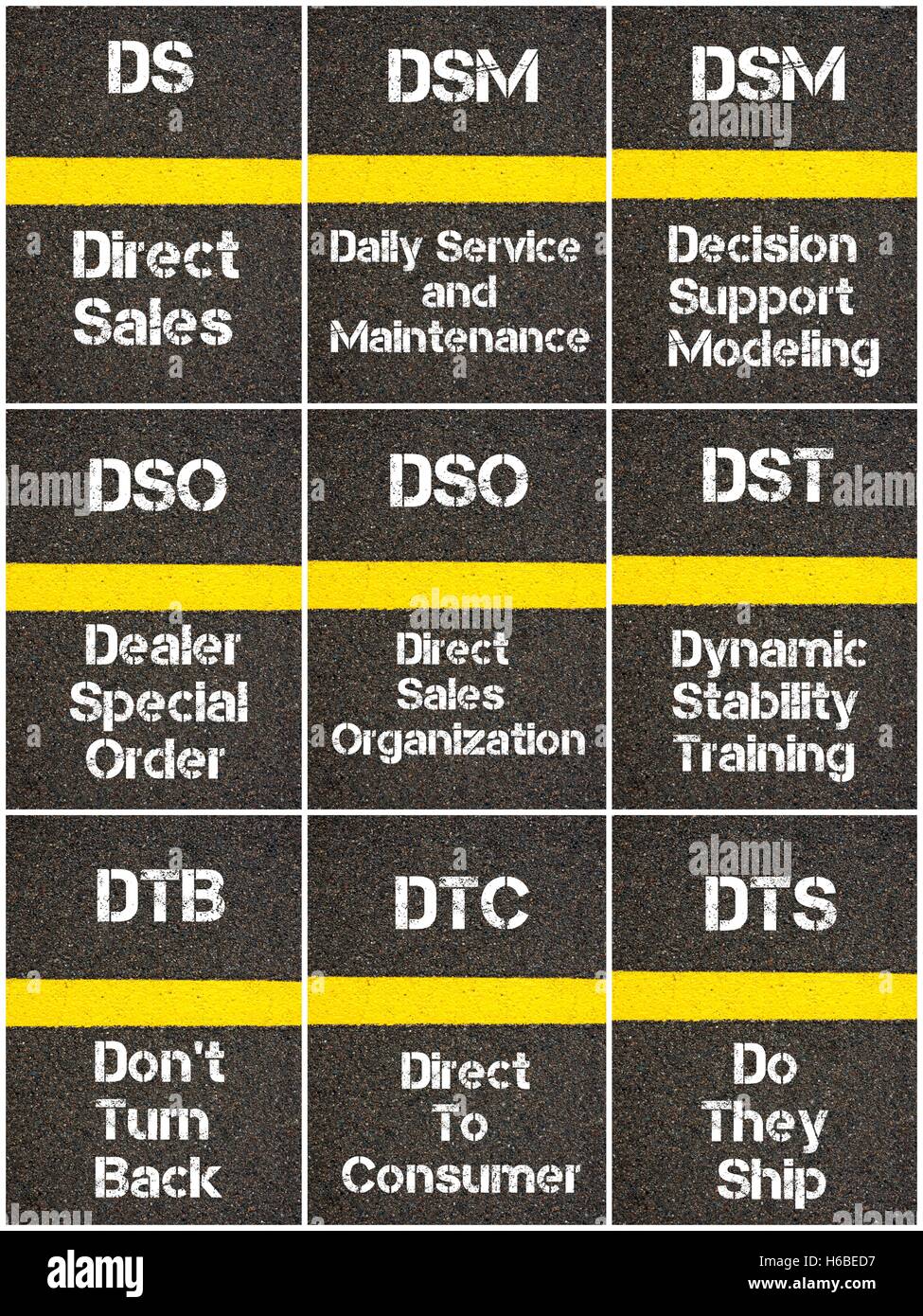 Photo collage of Business Acronyms written over road marking yellow ...