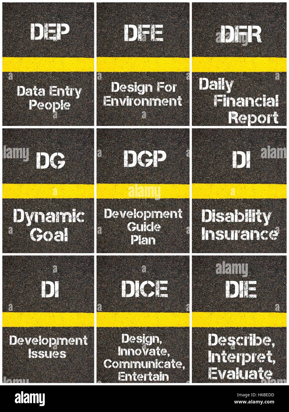 Photo collage of Business Acronyms written over road marking yellow ...