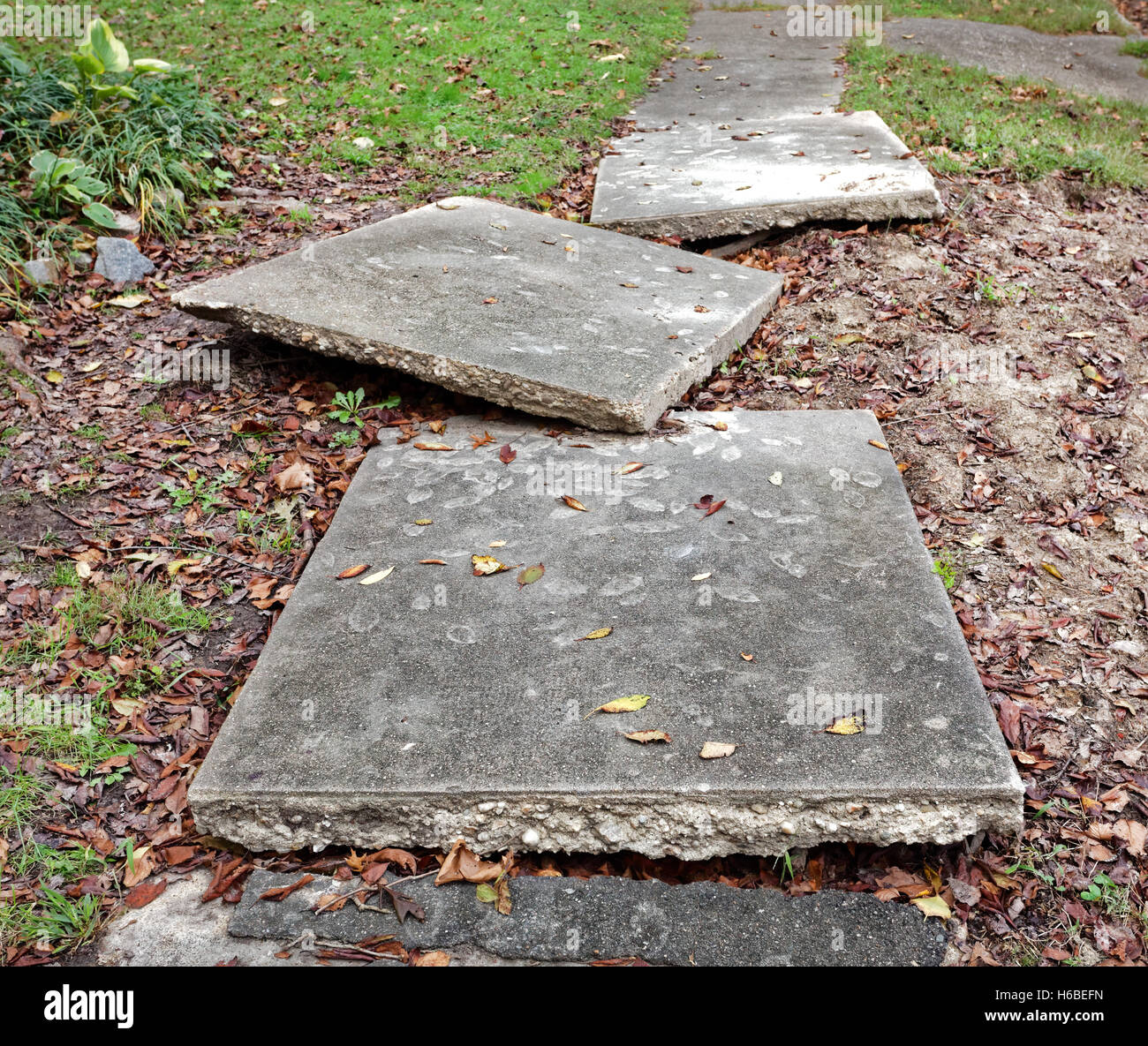 Horizontal close-up of broken sidewalk section-a violent storm ...