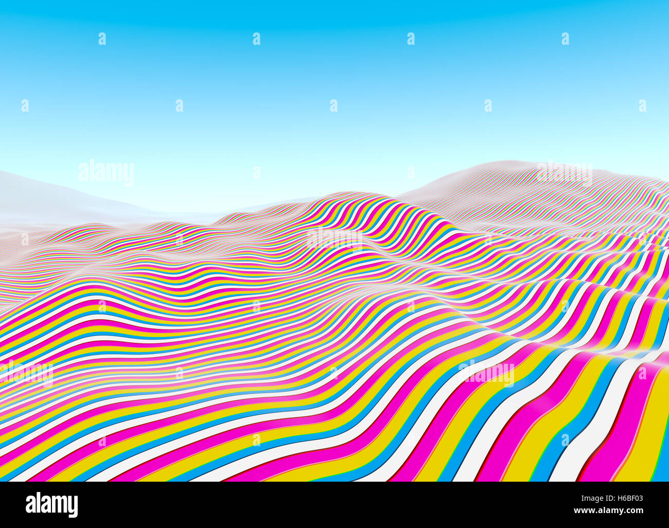 Colorful lines pattern, waves of stripes fading to blue sky ...