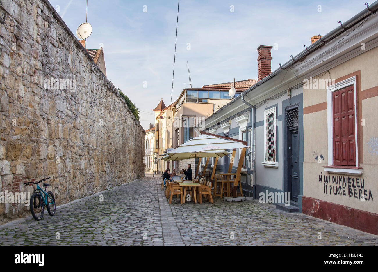 Potaissa Street with remains of medieval walls in the Old City of Cluj ...