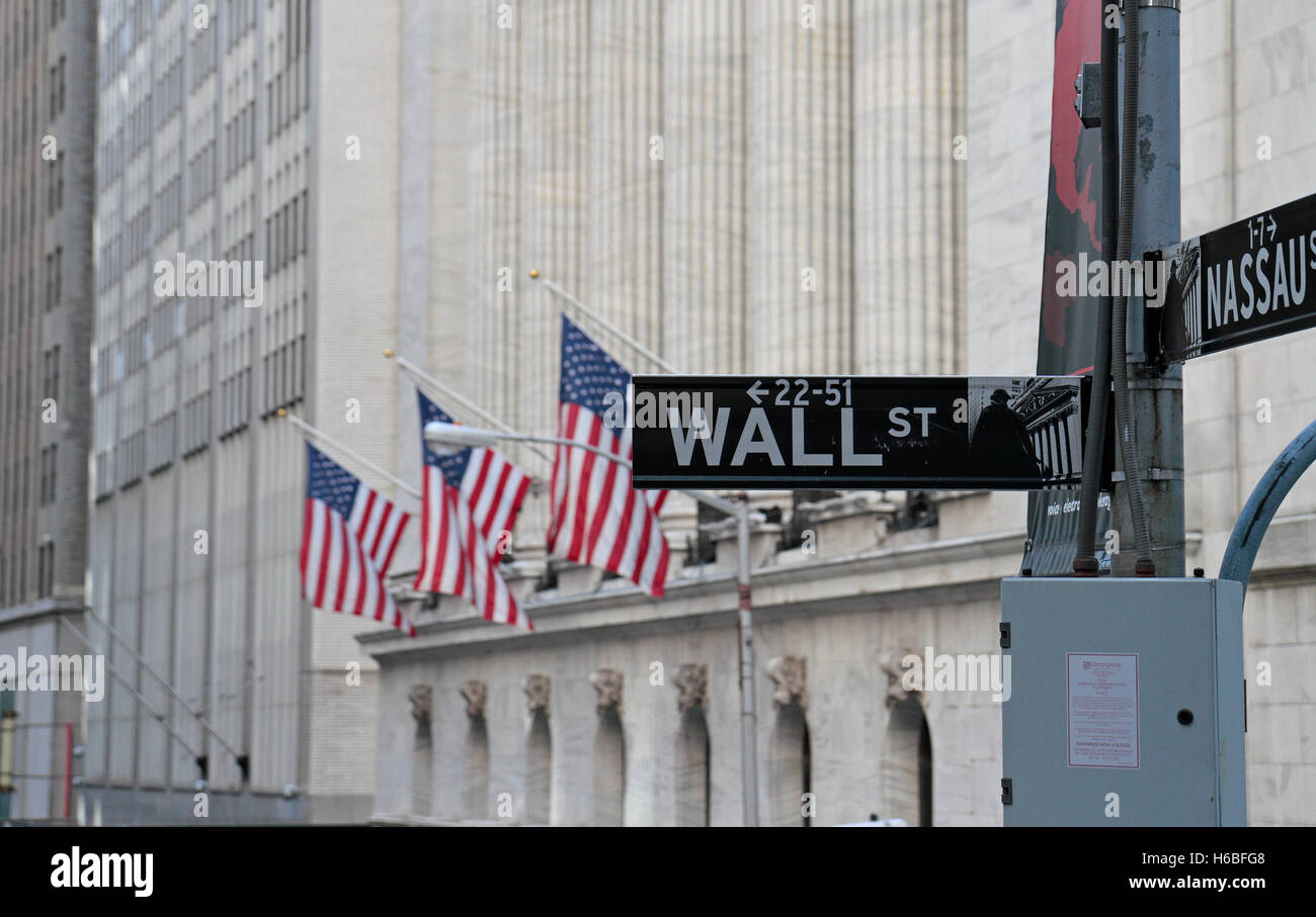 Wall Street street sign with the New York Stock Exchange building on ...