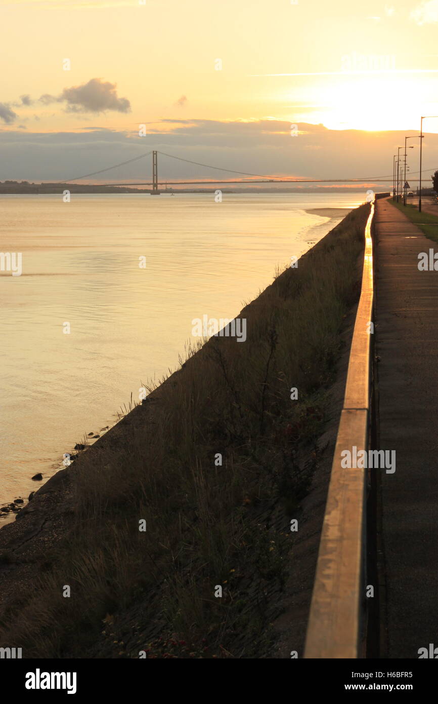 Humber Bridge orange sky at sunset viewed from St Andrew's Quay Hull ...