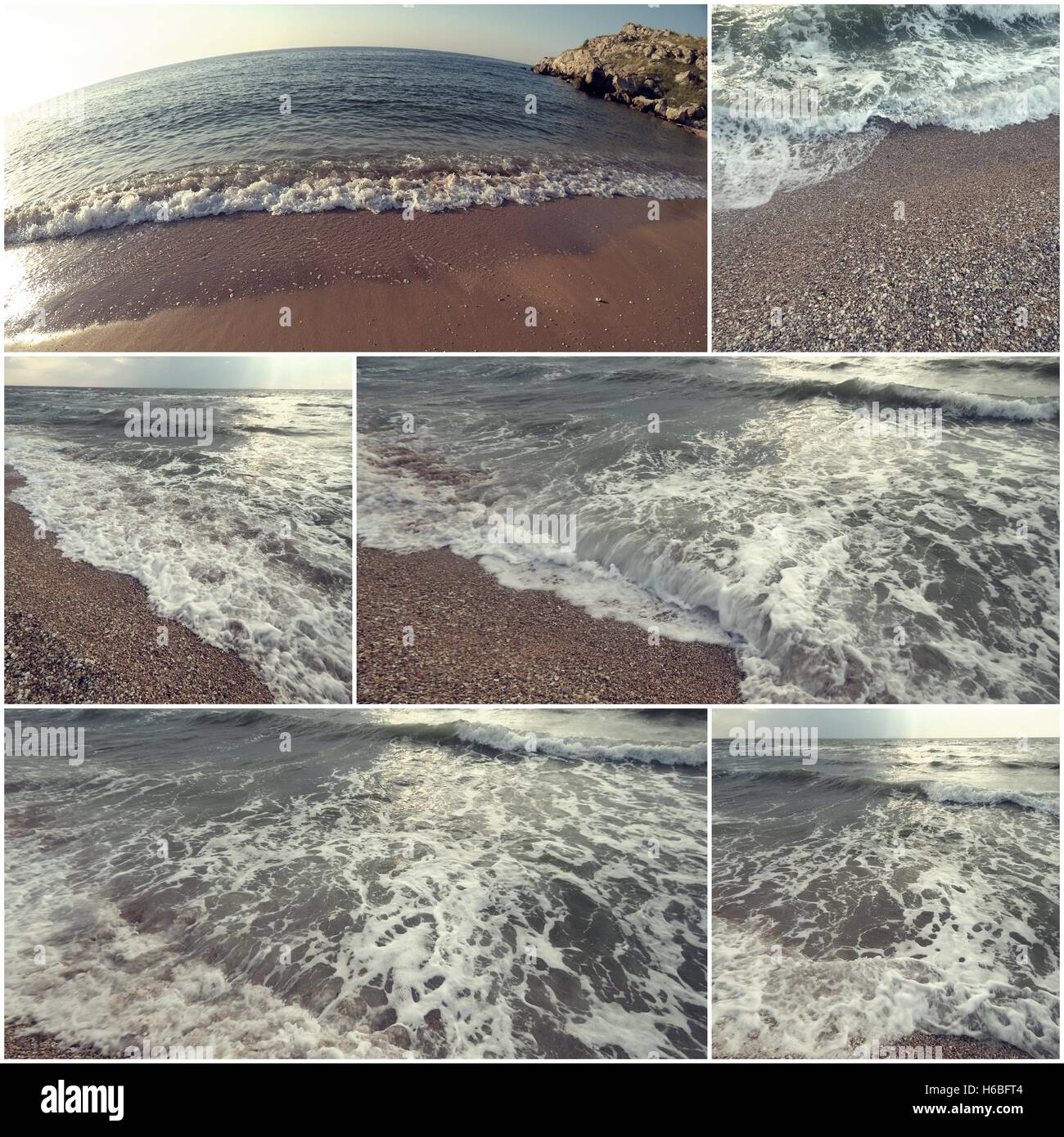 Collage of sea water and wild coast images, set for tourism and ...