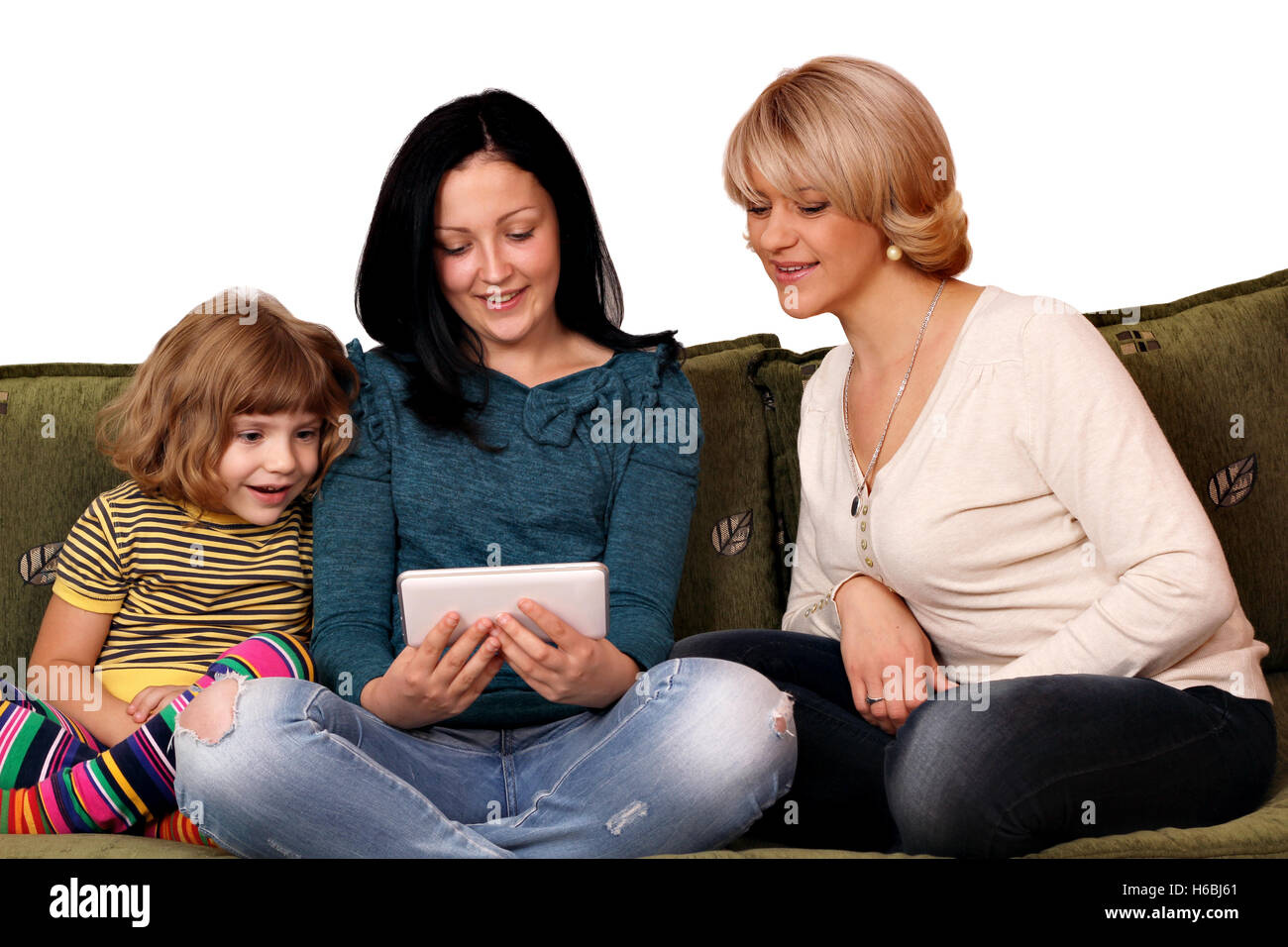 family three generation play with tablet pc Stock Photo - Alamy