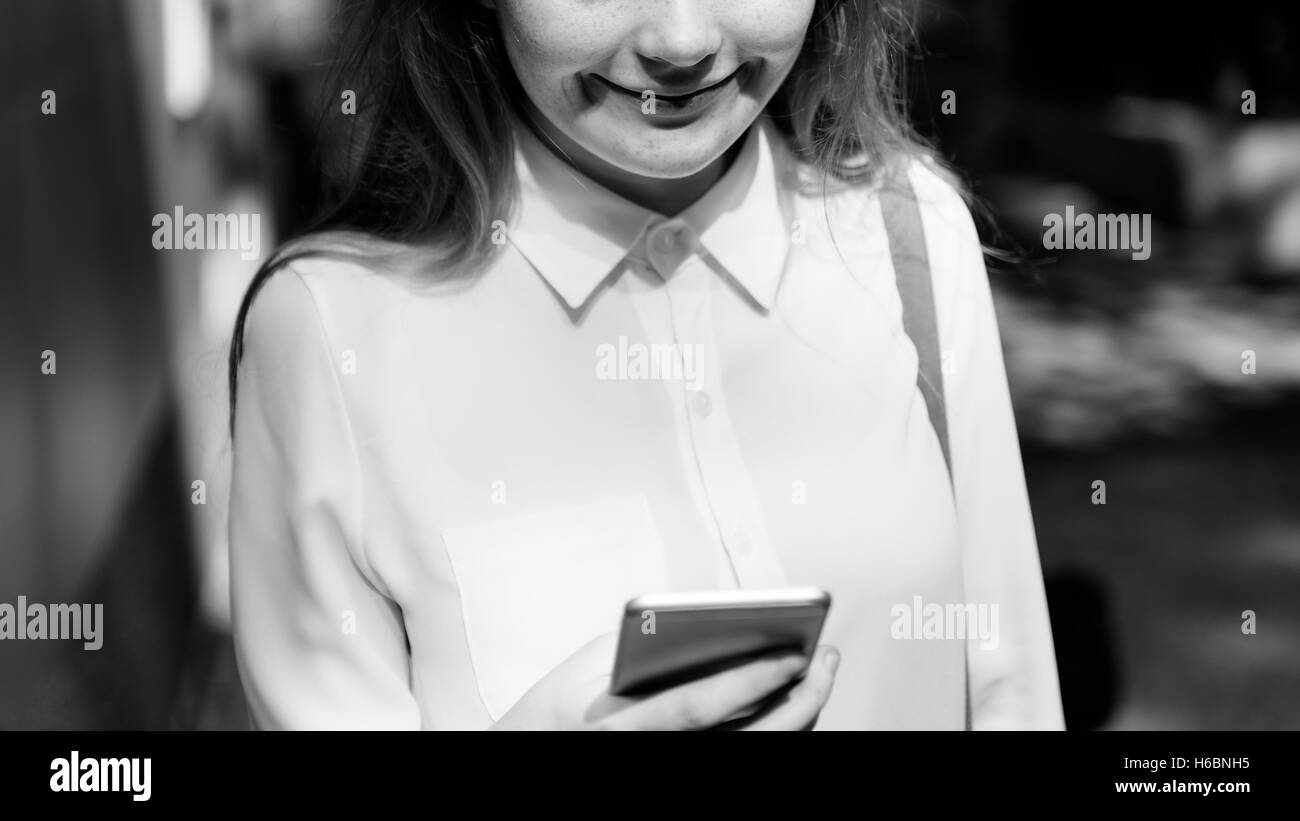 Girl Browsing Phone Connection Concept Stock Photo - Alamy