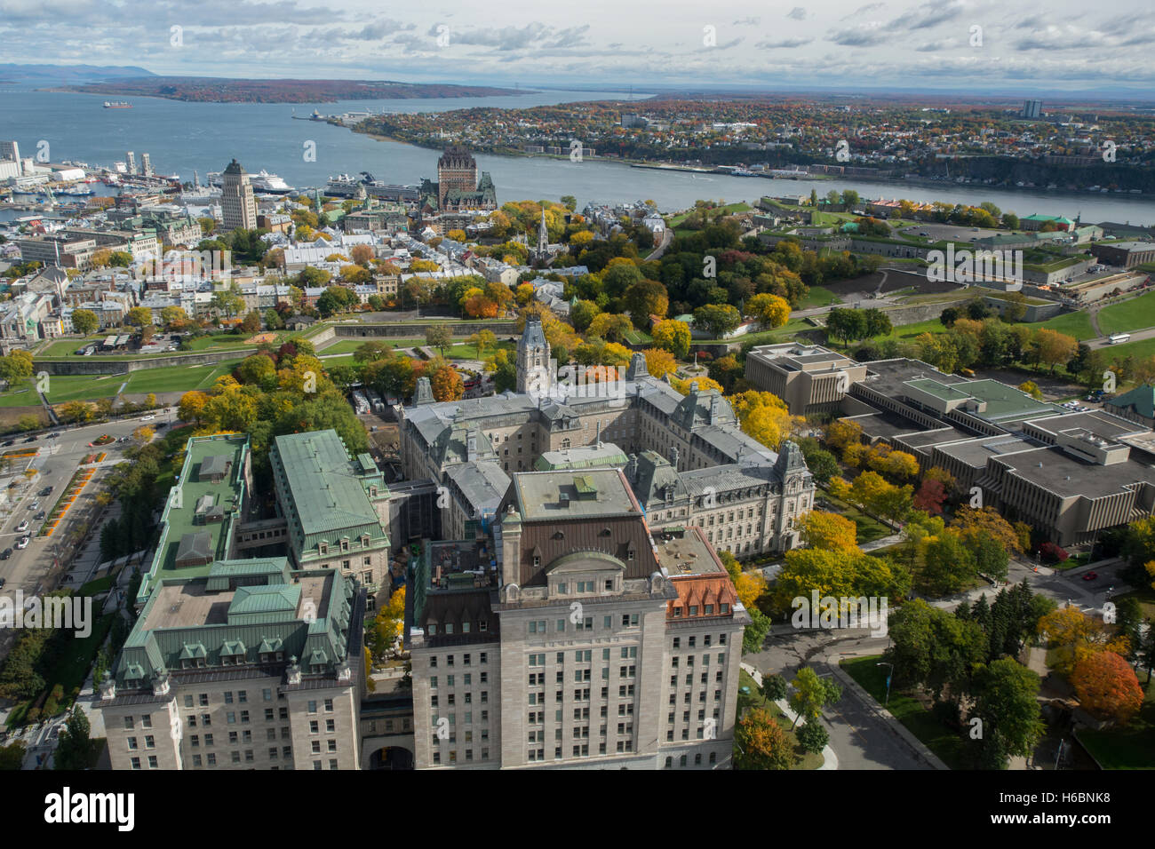 Canada, Quebec, Quebec City. Waterfront city overview with hotel ...