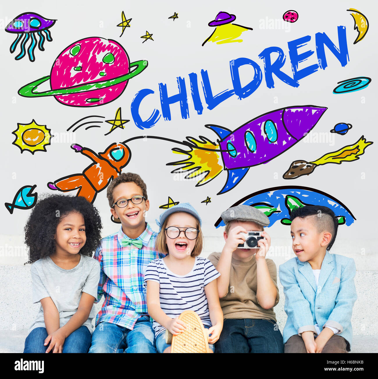 Kids Imagination Space Rocket Joyful Graphic Concept Stock Photo - Alamy