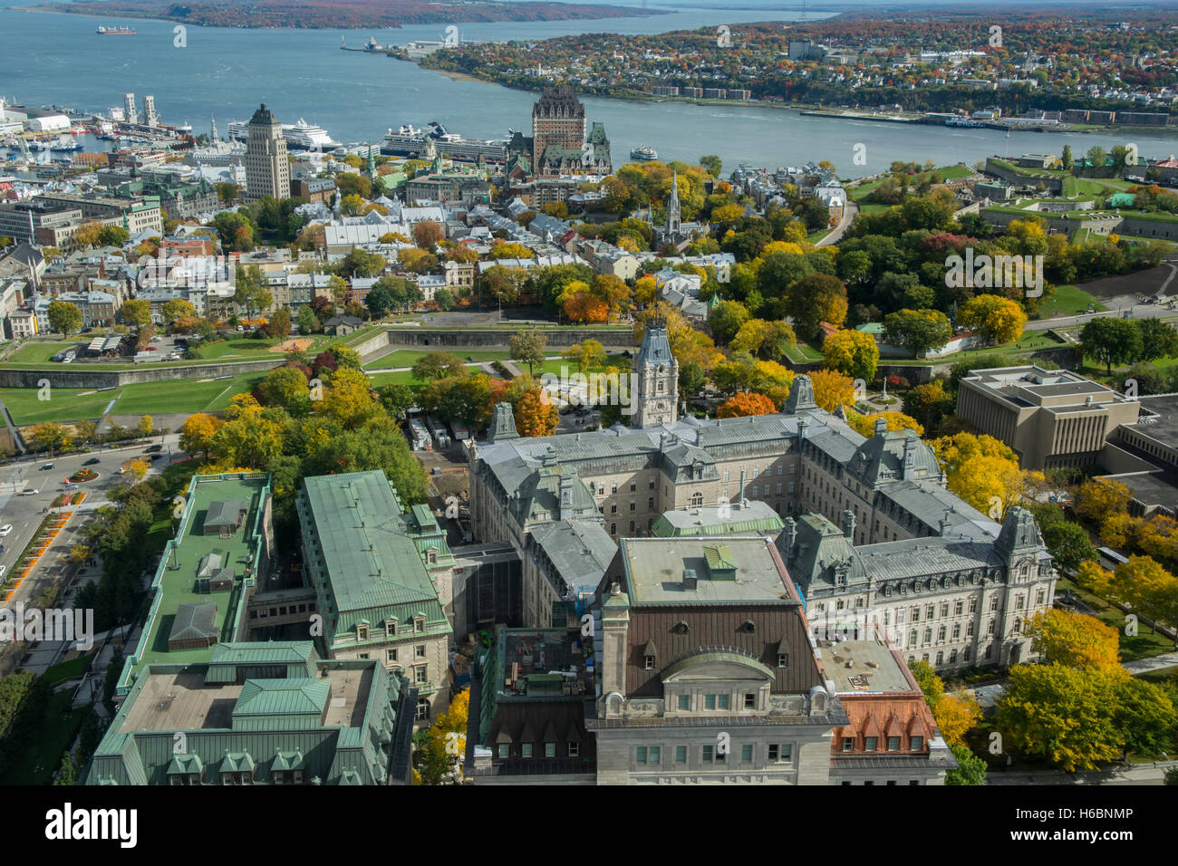 Canada, Quebec, Quebec City. Waterfront city overview with hotel ...
