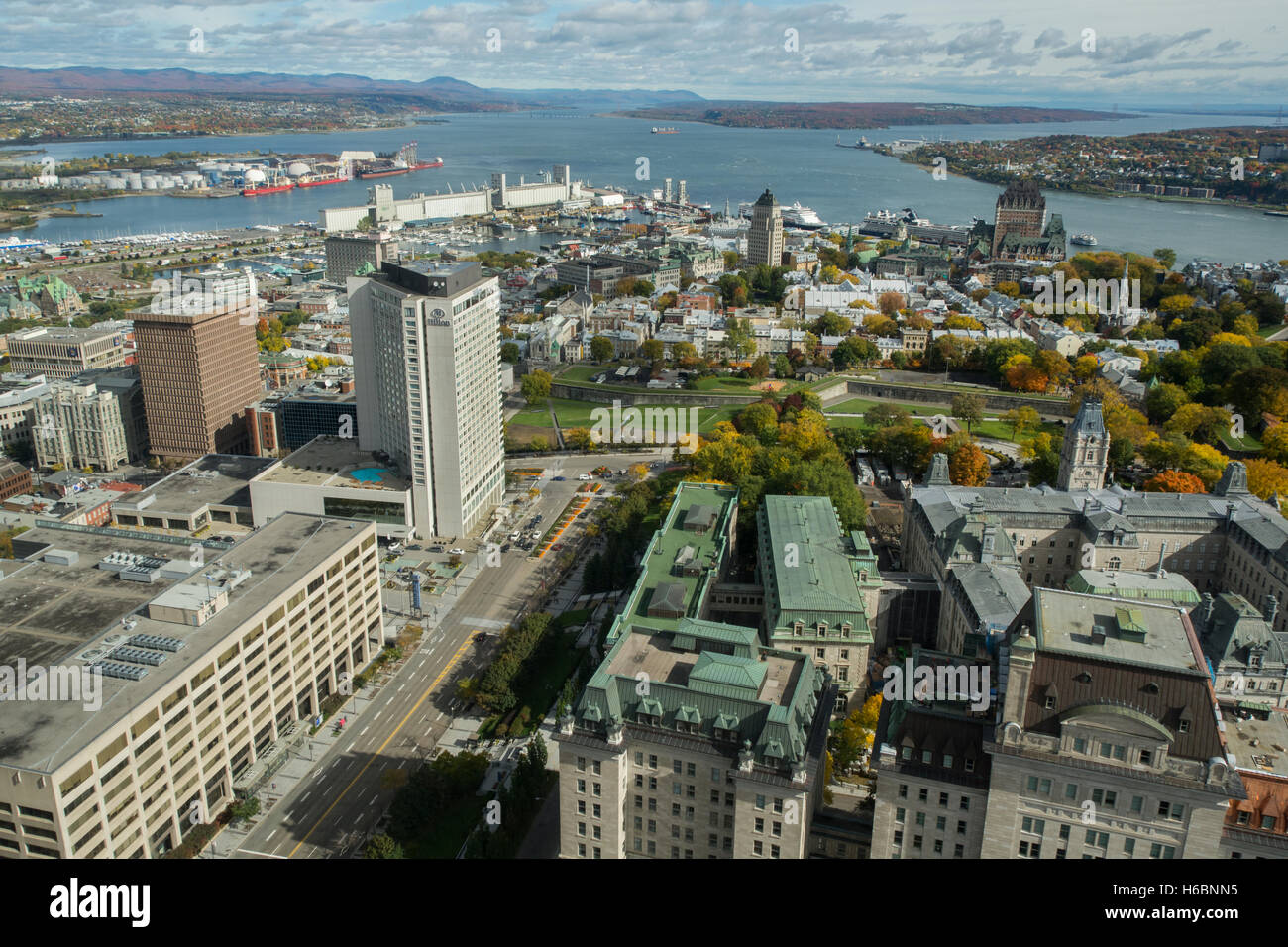 Canada, Quebec, Quebec City. Waterfront city overview with hotel ...