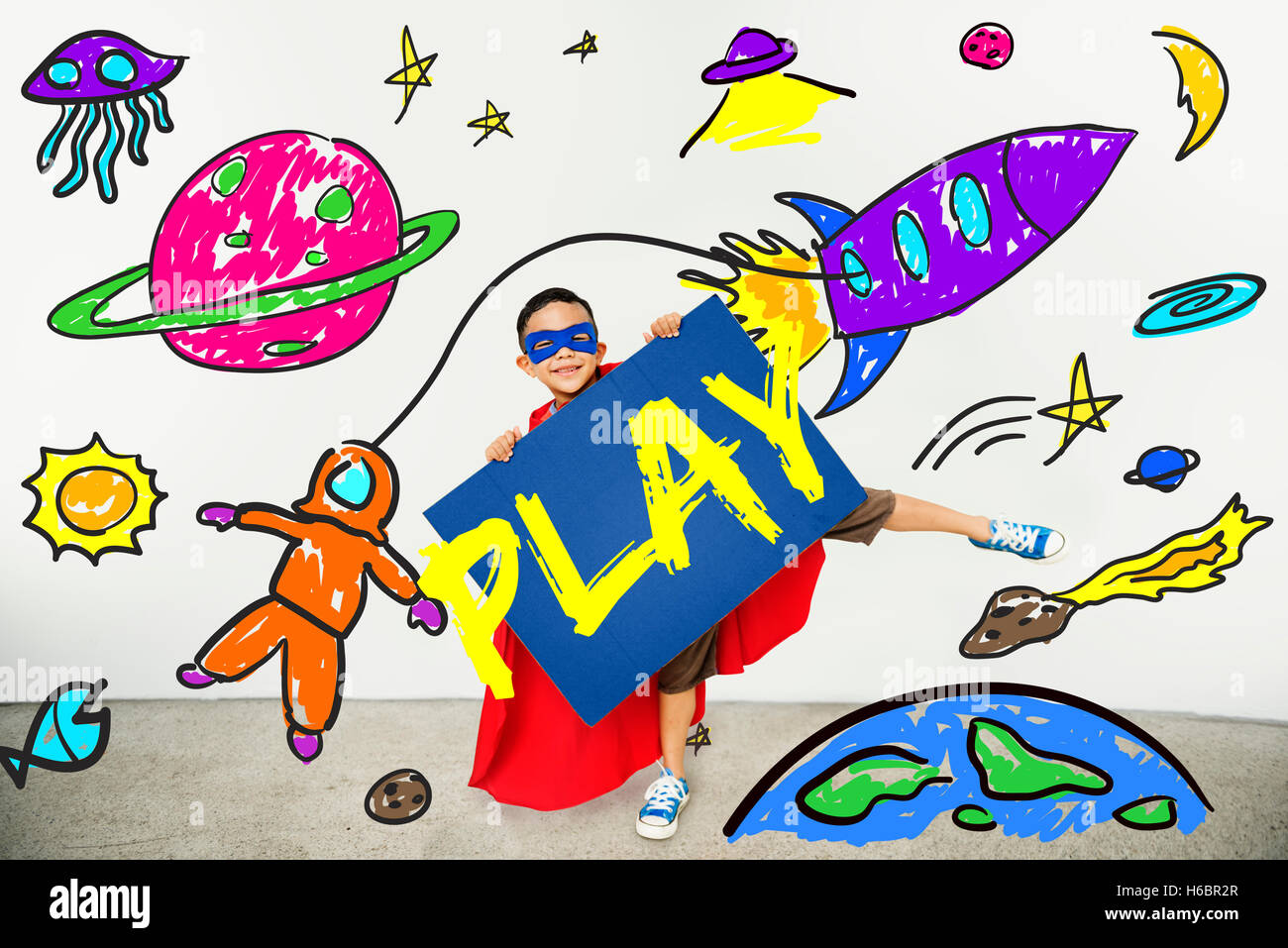 Kids Imagination Space Rocket Joyful Graphic Concept Stock Photo - Alamy