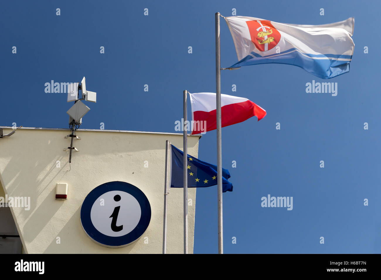 Promenade Tourist Information and flags, Gdynia, Poland Stock Photo - Alamy