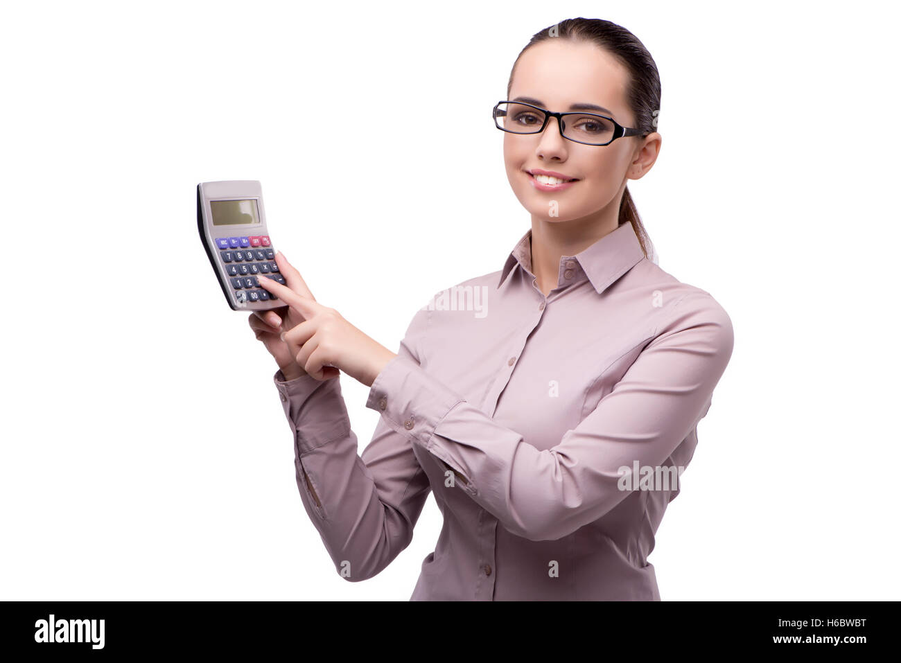 Young accountant with calculator isolated on white Stock Photo - Alamy