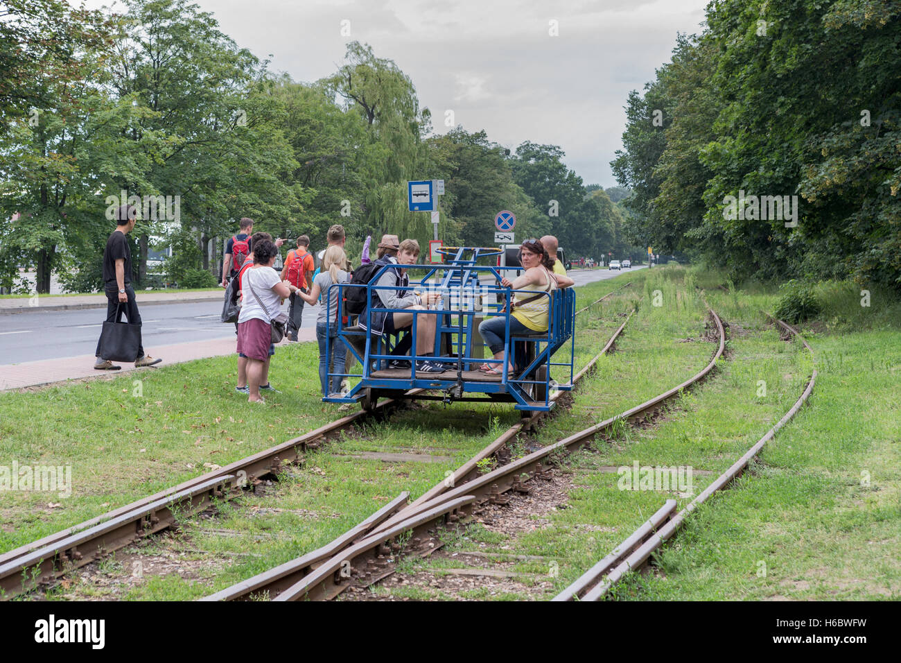 Visitors on old railway carriage, Westerplatte Peninsula, where WW2 ...