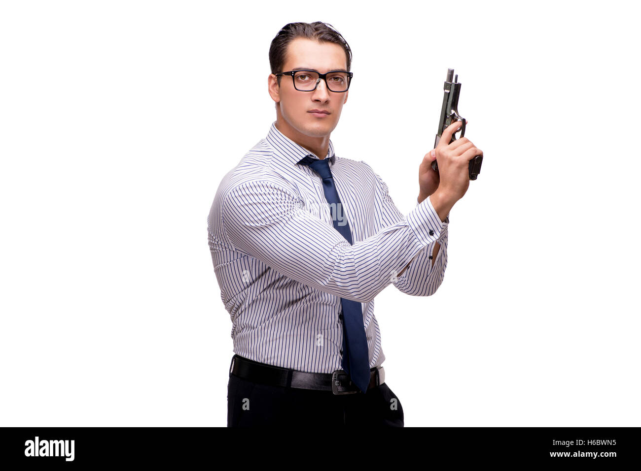 Young businessman with gun isolated on white Stock Photo - Alamy