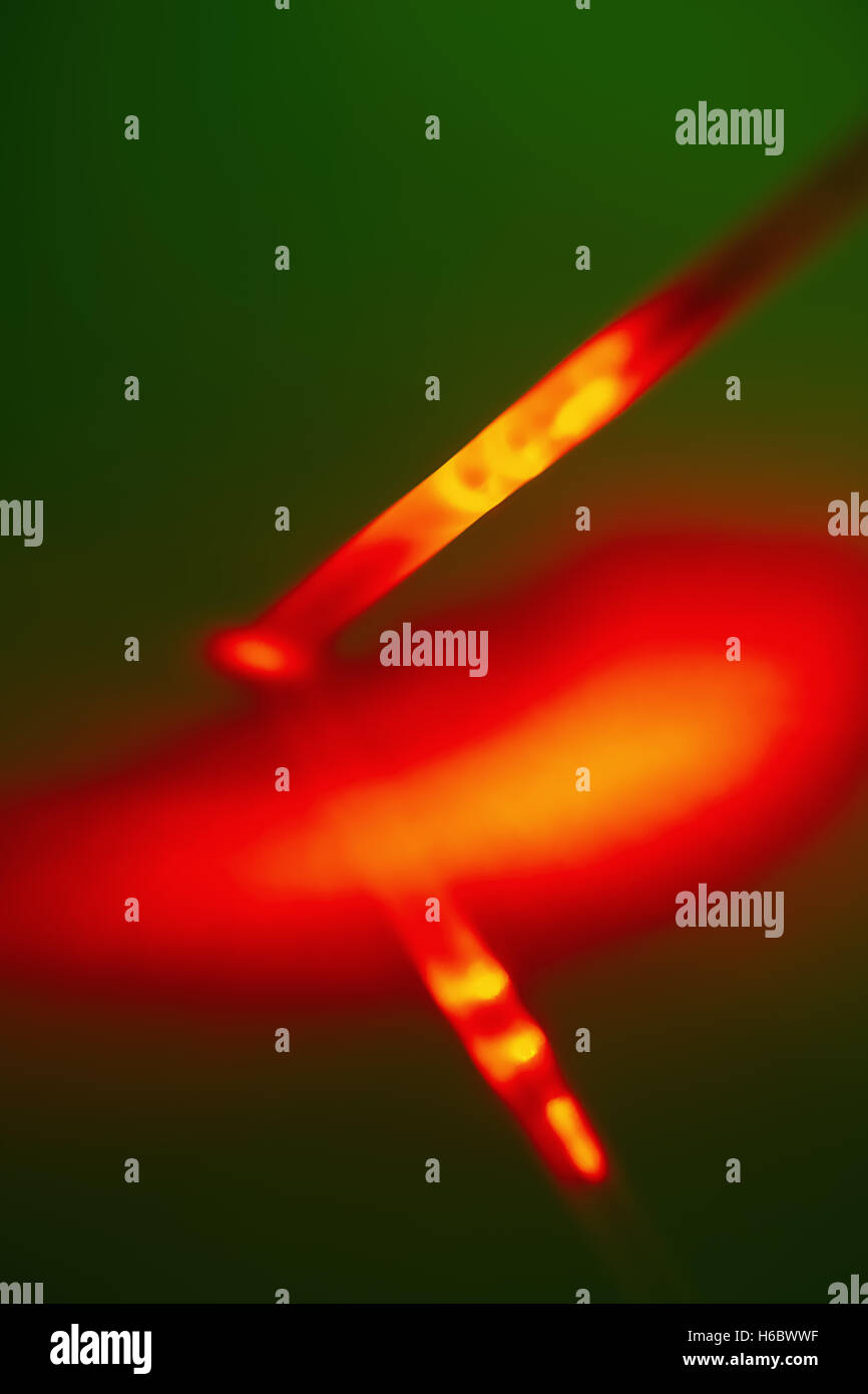 Red bright light source on the end of the probe in a plastic tube Stock ...