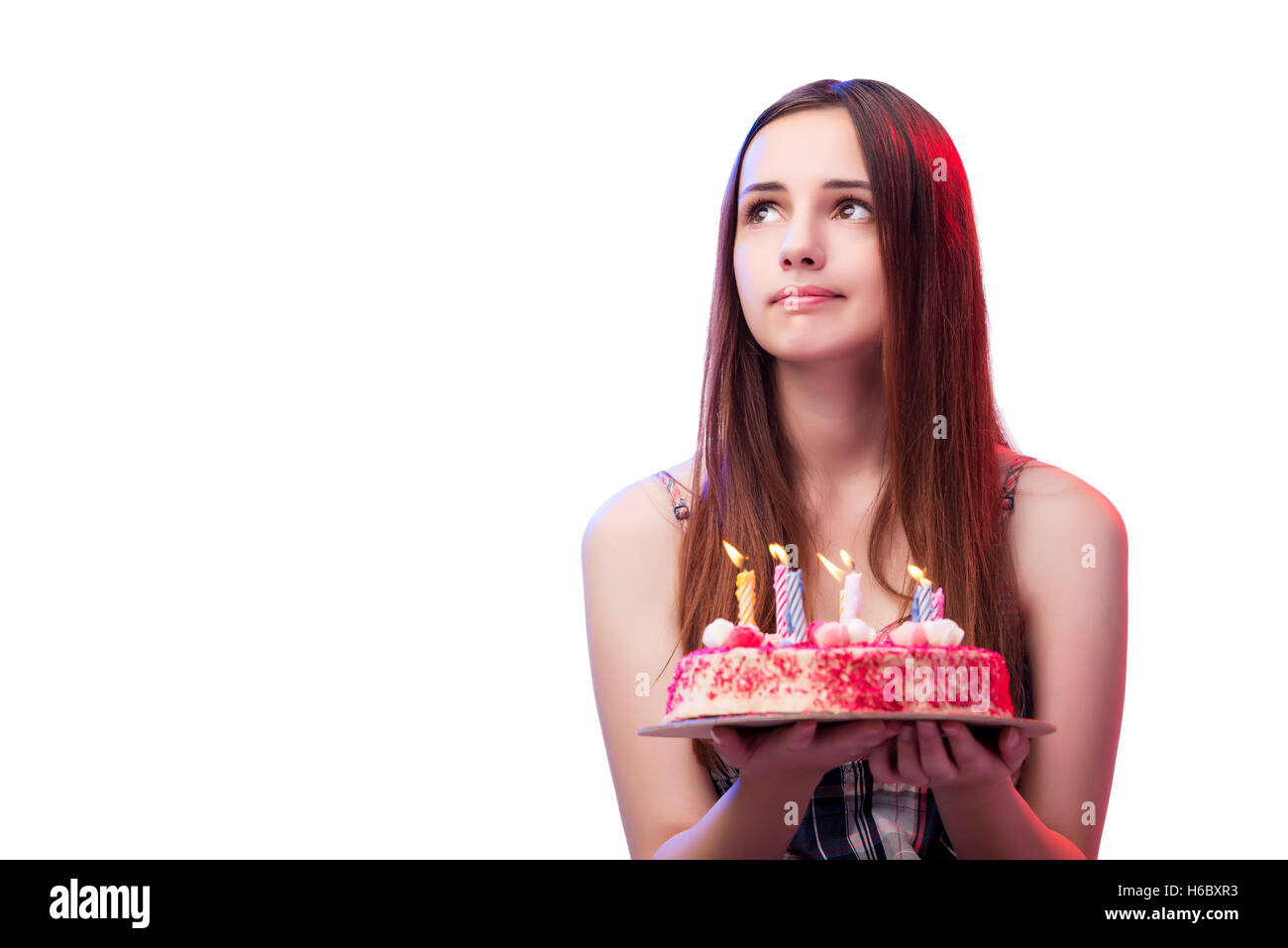 Young woman girl with cake isolated on white Stock Photo - Alamy