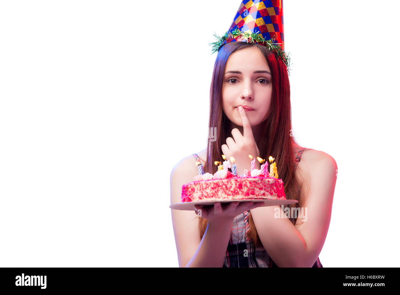 Young woman girl with cake isolated on white Stock Photo - Alamy