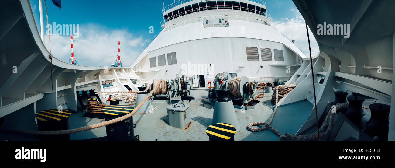 Panoramic wide angle view of the inside of a cargo ship's bow. The ...