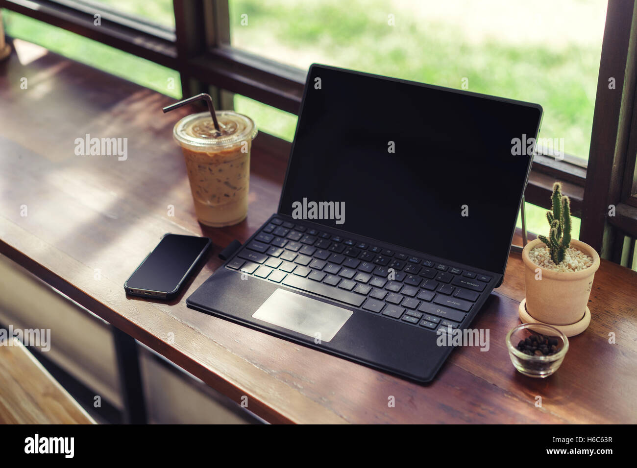 Computer laptop in coffee shop,Business work accessories,freelance work ...