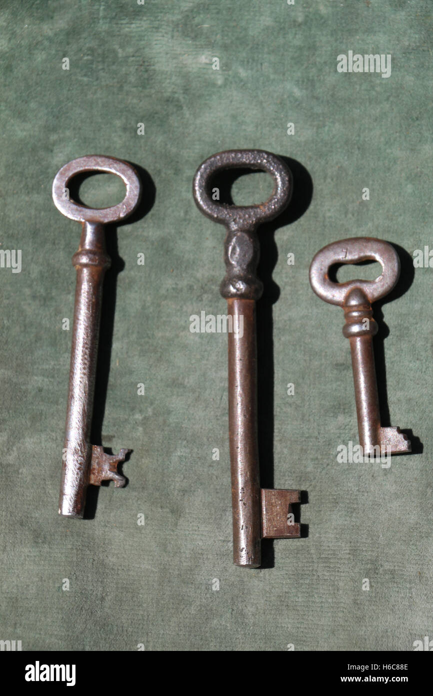 Retro styled keys on a green color background Stock Photo - Alamy