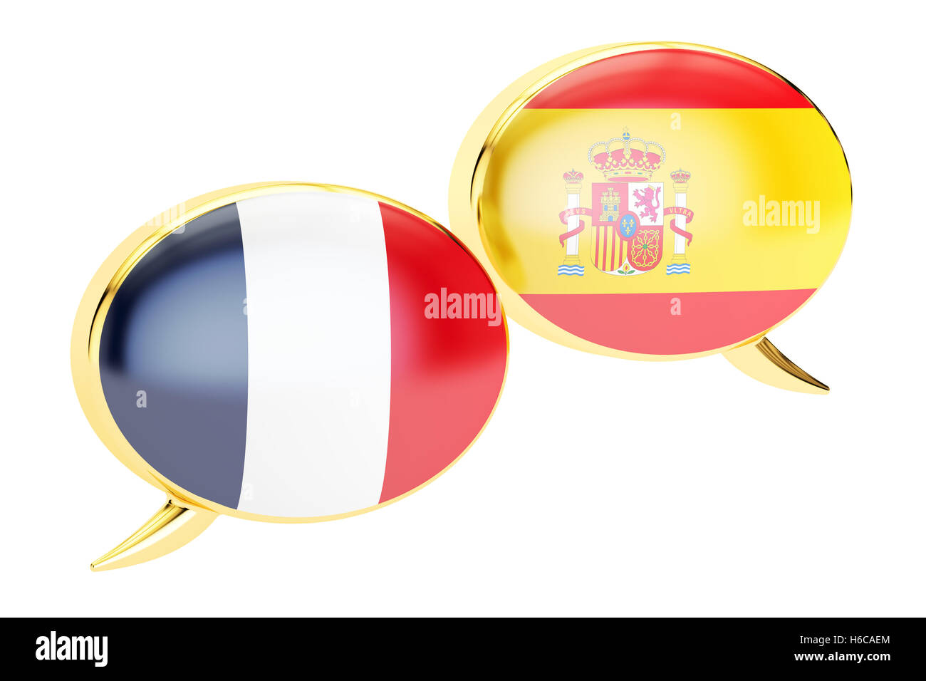 Speech bubbles, Spanish-French translation concept. 3D rendering Stock ...