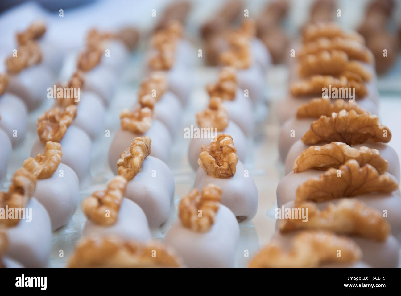 Hazelnut sweets being made and disposed in a row Stock Photo - Alamy