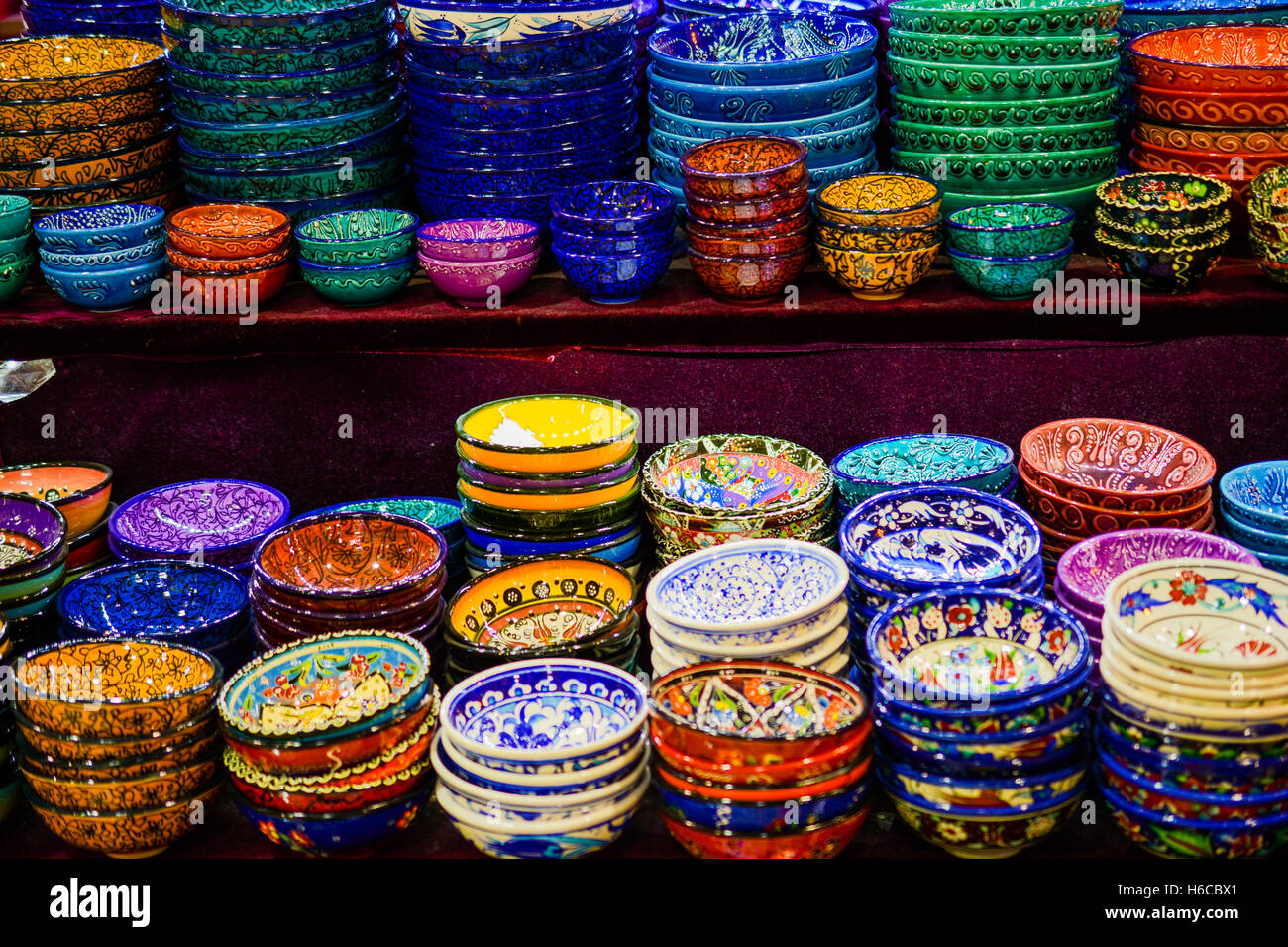 Different type of colorful Turkish ceramic tableware in the Bazaar ...